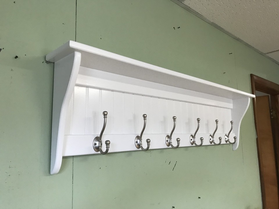 Coat Rack Wall Shelf With Hooks Wood White Wall Hanging with Satin ...