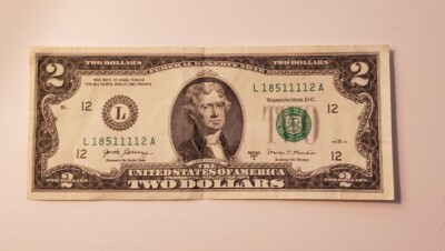 Two Dollar Bill $2 USD Note. Fancy Serial Number Five Ones. Birthday ...