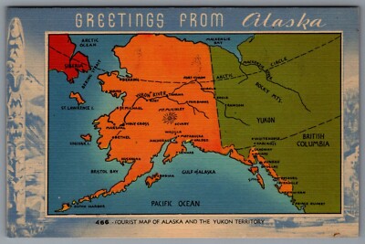 Postcard Alaska Greetings Card Tourist Map Of Alaska And The Yukon ...