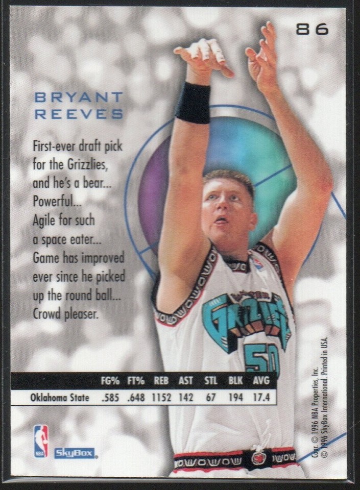 Bryant Reeves 1995-96 E-XL #86 Big Country Rookie Card Vancouver ...