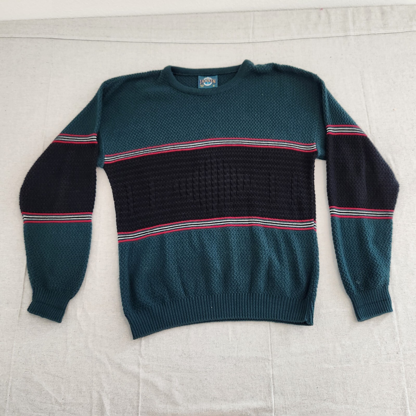 Vtg Jantzen Sweater Mens Medium Green Black Colorblock Pullover Thick ...