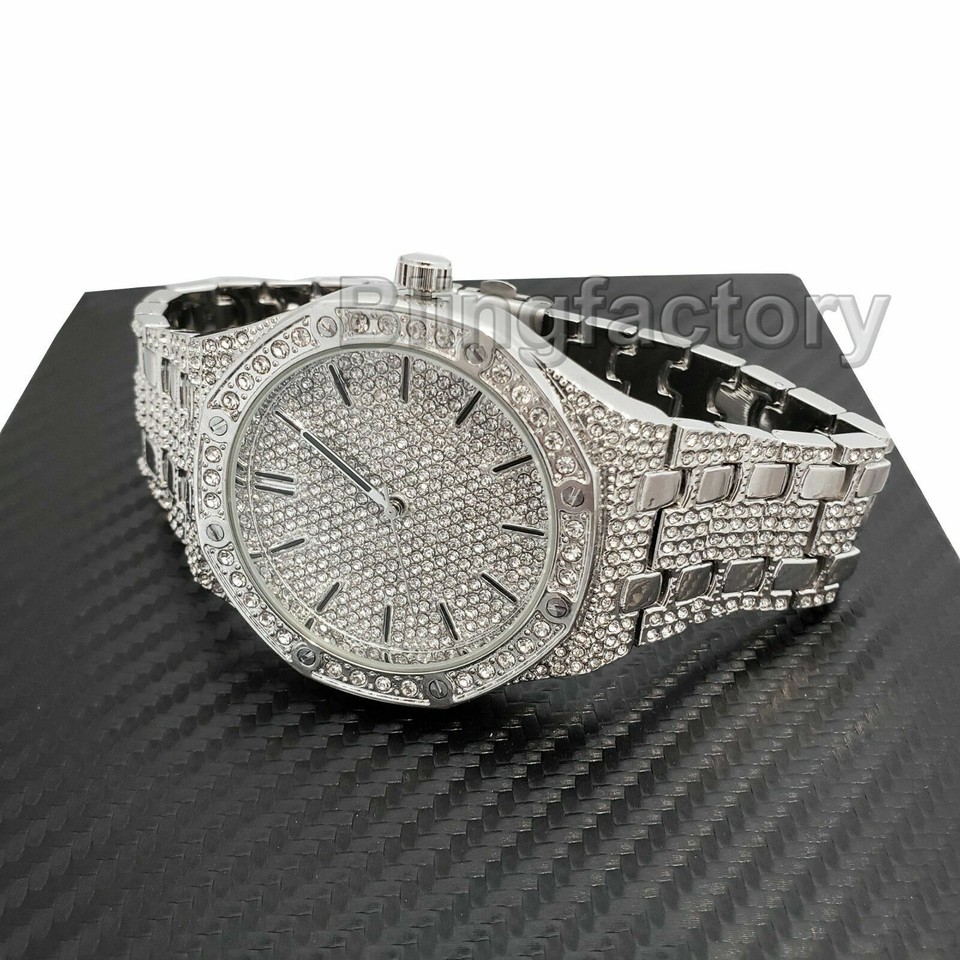 Men Luxury Silver Plated Stainless Steel Bling Simulated Diamond ...
