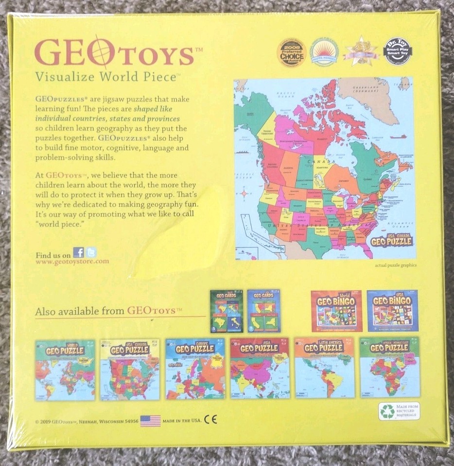 New GEOToys USA Canada *SEALED* Puzzle 69 Pieces Geography Map 17" x 17 ...