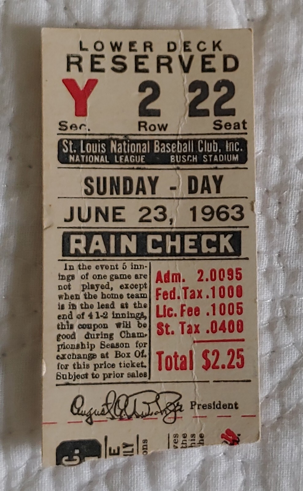 Original JUNE 23, 1963 St. Louis Cardinals Baseball Club RAIN CHECK ...