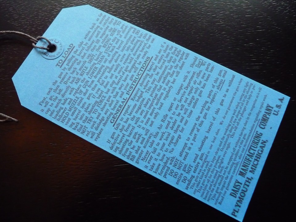 No. 25 DAISY Hang Tag Reproduction for Pump Gun BB Air Rifle - Early ...
