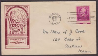 1940 Charles W. Eliot Sc 871-60 Harvard Stamp Club cachet Famous ...