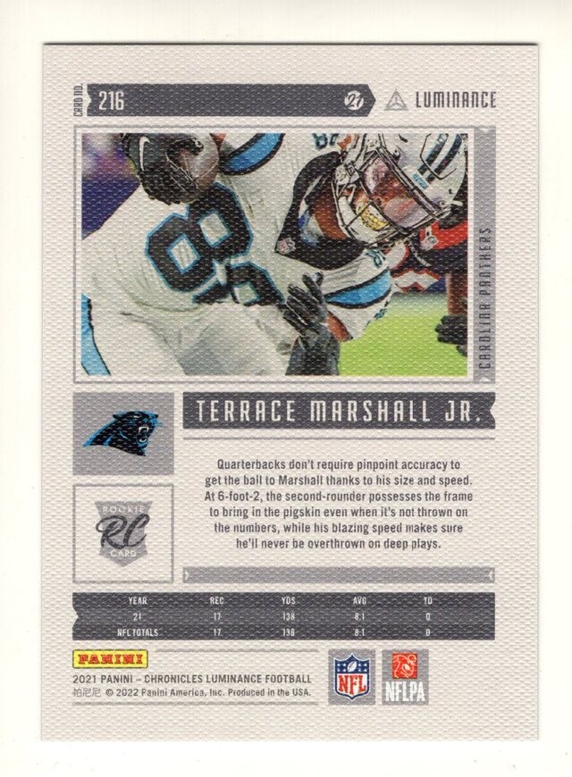 2021 Panini Chronicles Luminance Football Terrance Marshall Jr. RC Blue ...