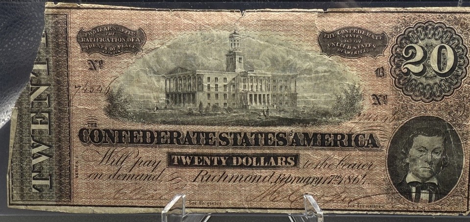 1864 $20 Twenty Dollar Confederate States of America Note Richmond ...