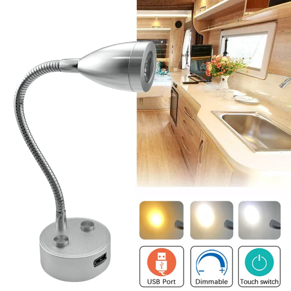 12-24V RV LED Dimmable Bedside Reading Light Flexible Gooseneck Wall ...