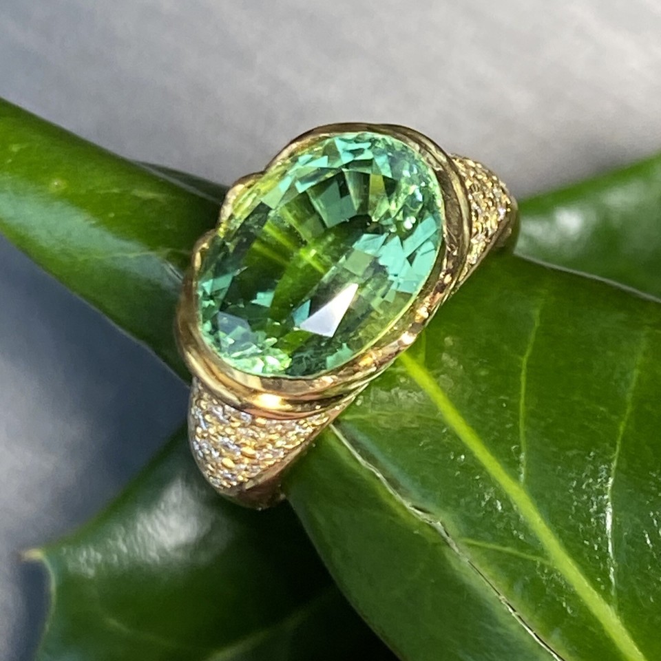 HUGE Green Tourmaline Diamond 18K Yellow Gold Vintage Ring 5.25 Unusual ...