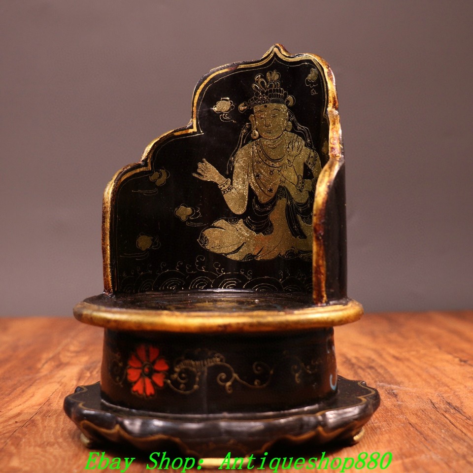7.4"Old Chinese Lacquerware Painting Gilt Kwan-yin GuanYin Buddha Niche ...