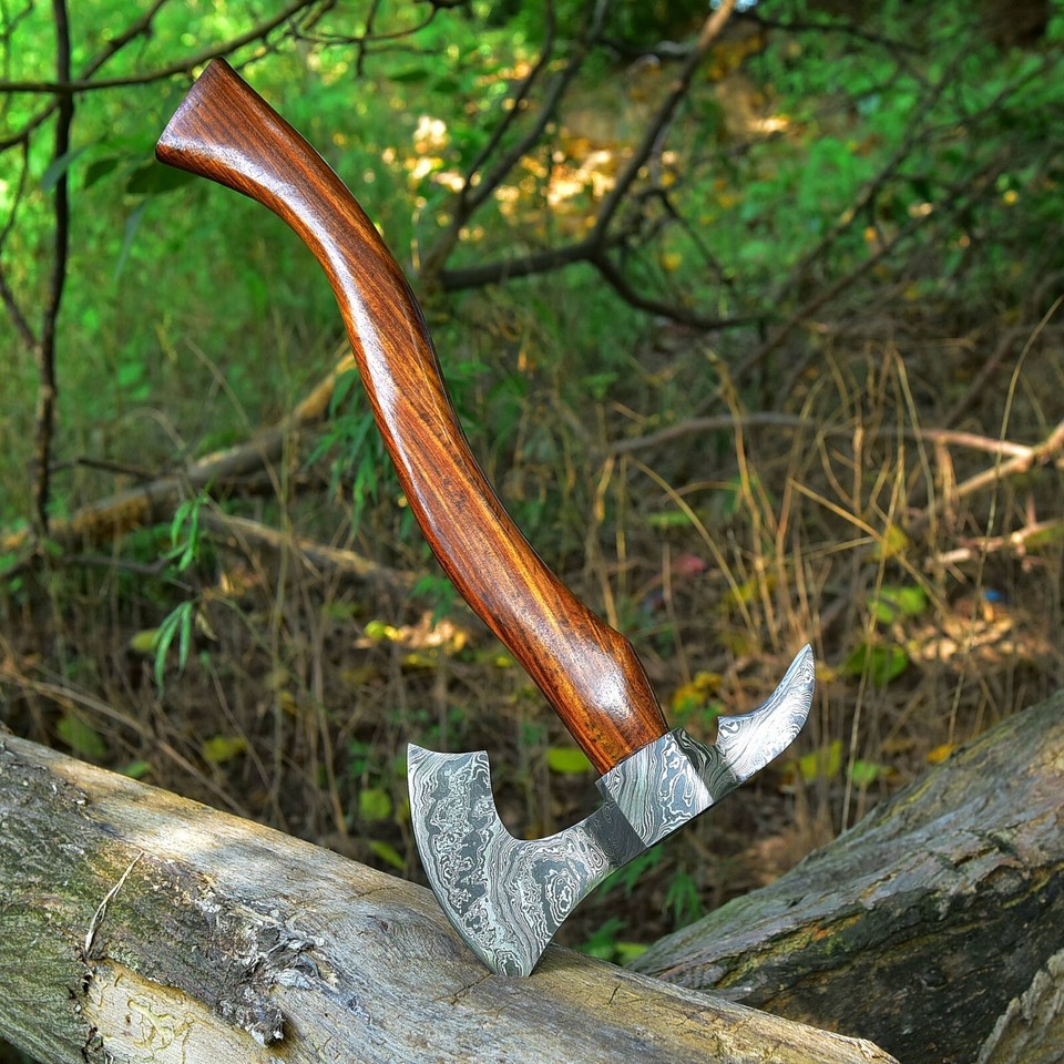 CUSTOM HAND FORGED DAMASCUS STEEL VIKING BEARDED CAMPING HATCHET ...