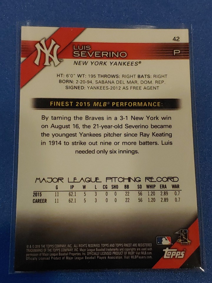 2016 Topps Finest Luis Severino #42 Rookie Card (RC) MINT | eBay