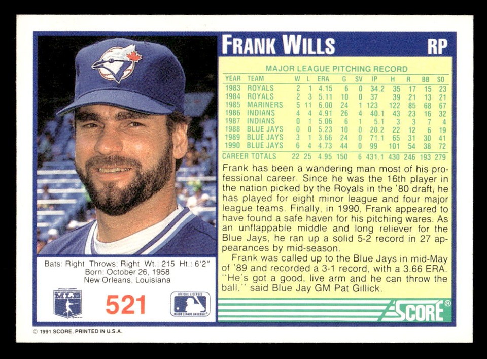 Frank Wills 1991 Score #521 Toronto Blue Jays | eBay
