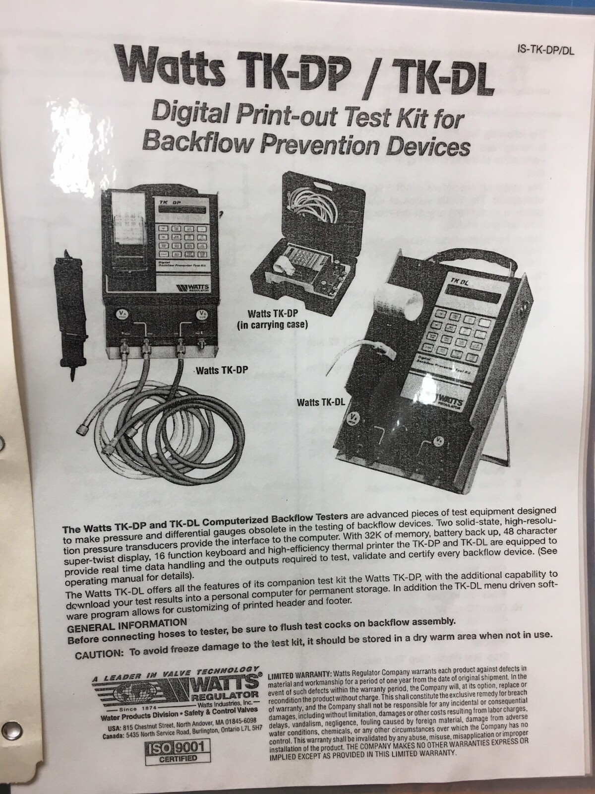 Watts TK-DP Computerized Digital Print-Out Test Kit for Backflow ...