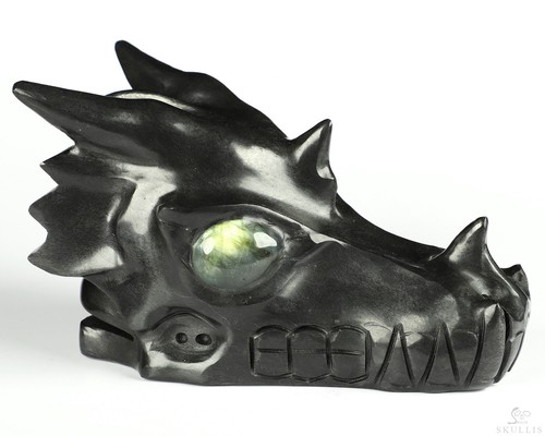 5.2" Shungite Carved Crystal Dragon Skull & Labradorite Eyes,Super ...