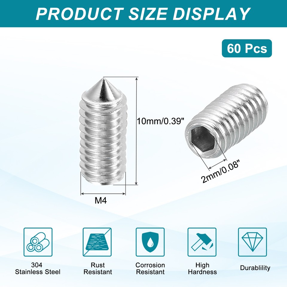 60Pcs M4x10mm Set Screws, 304 Stainless Steel Cone Point Hex Socket ...