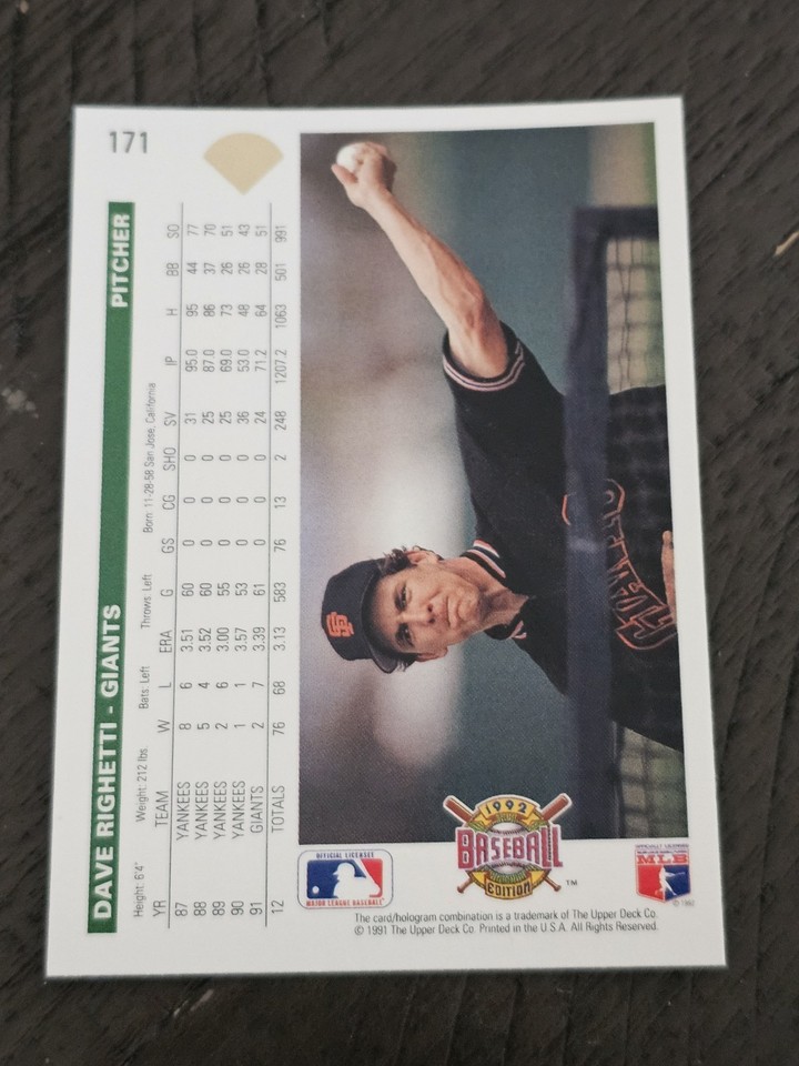 1992 Upper Deck - Dave Righetti #171 San Francisco Giants | eBay