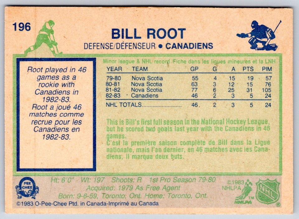 BILL ROOT RC 1983-84 O-PEE-CHEE 83-84 NO 196 NRMINT+ 28230 | eBay