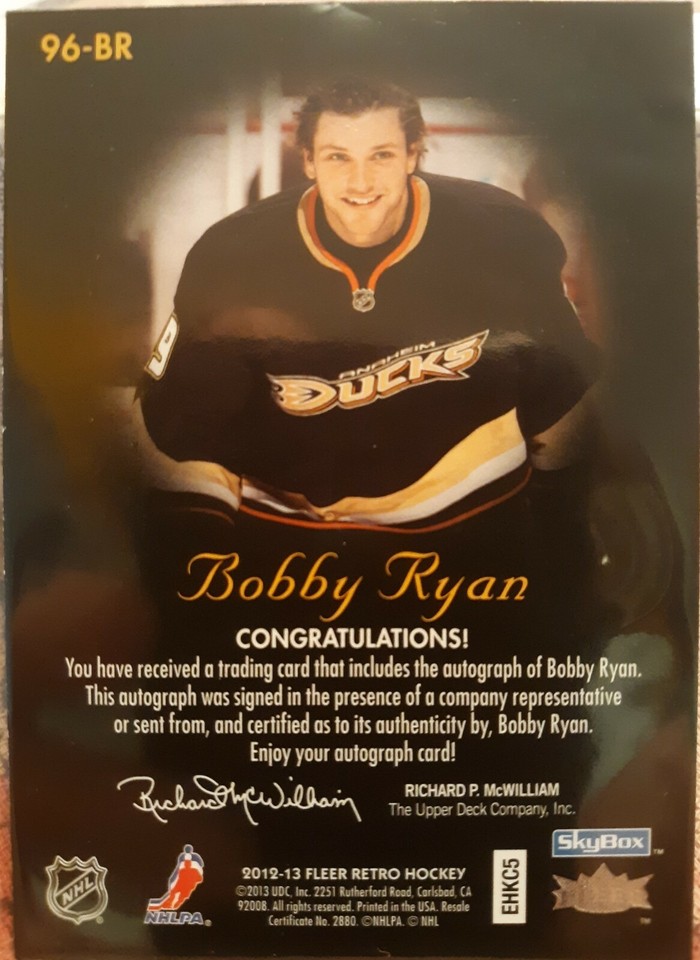 2012-13 Bobby Ryan AUTOgraph Skybox Autographics #96-BR Anaheim Ducks ...