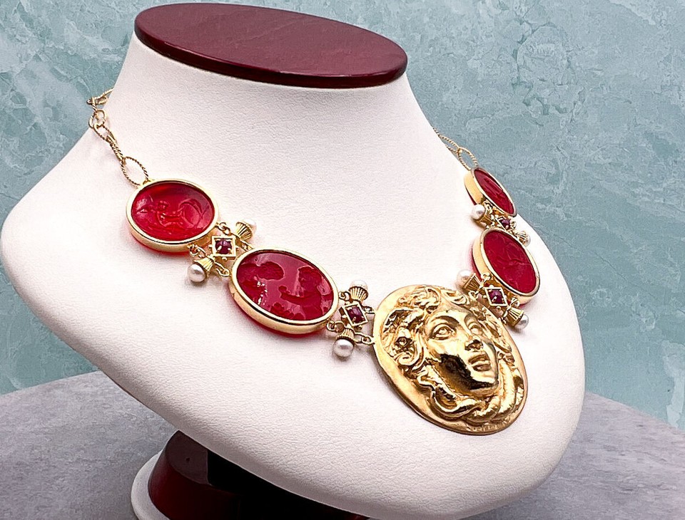 TAGLIAMONTE (SH446-Red) 18K Cameo Necklace*46.8GM*Rubies,Pearls*Reg ...