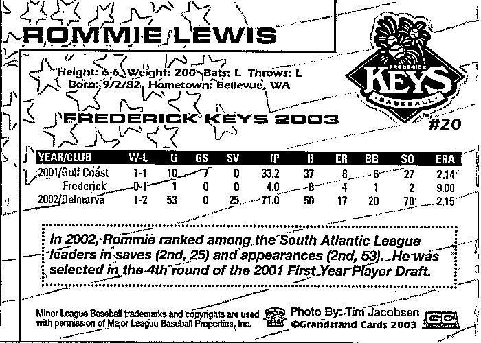 Rommie Lewis 2003 Grandstand Frederick Keys #NNO Frederick Keys | eBay