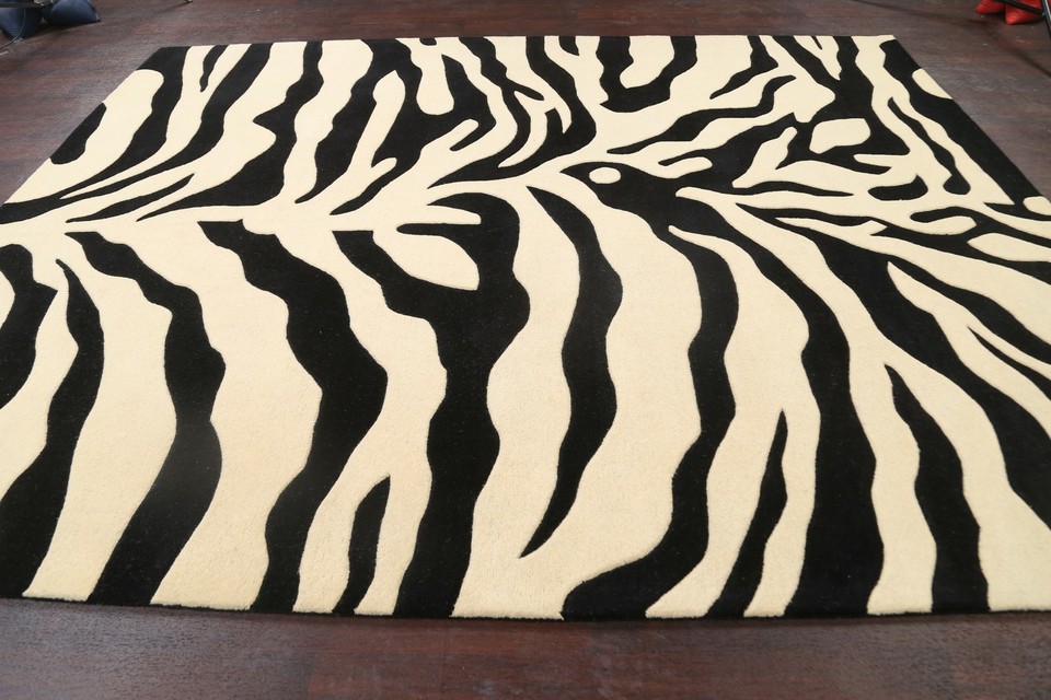 Zebra Animal Print Oriental Area Rug Hand-Tufted Wool Ivory/ Black ...