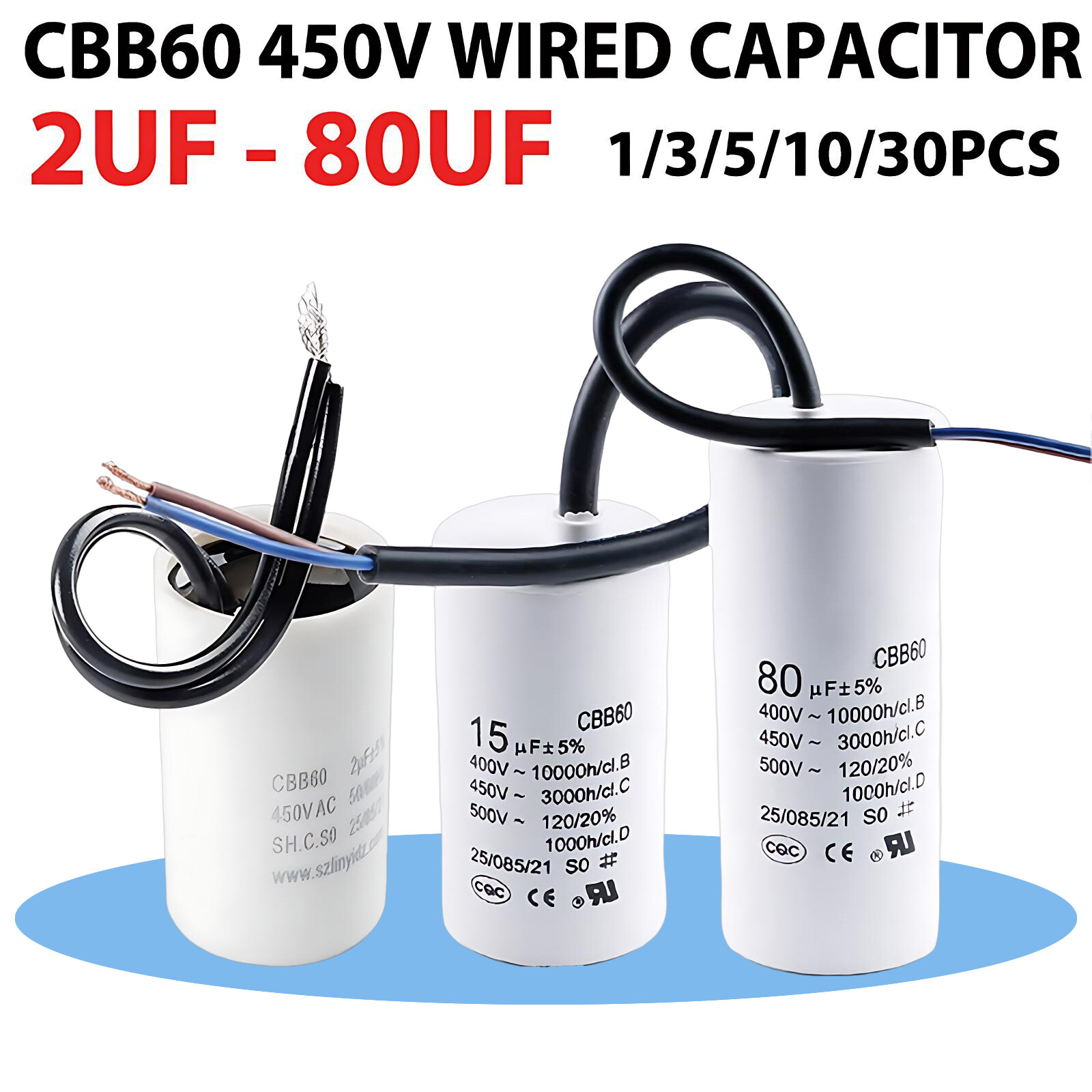 CBB60 Start Run Motor Capacitor Water Pump Compressor Wired MFD 2UF ...
