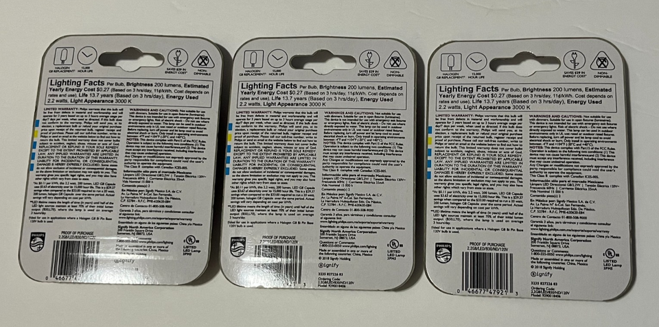 Lot of 3 - 2 pack Philips 2.2W=20 LED T4 Landscape Lighting Bulbs G8 BI ...