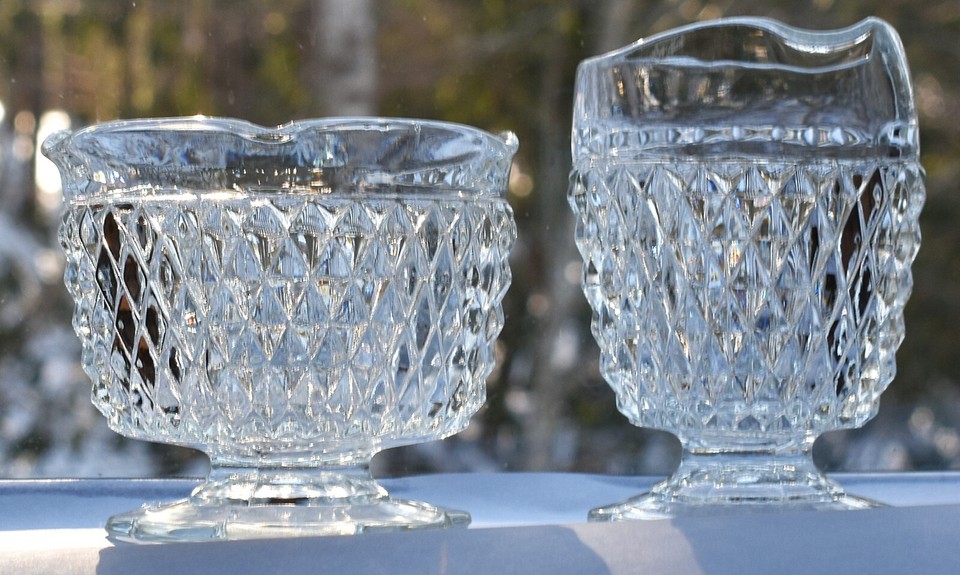 Antique Pressed Cut Crystal Glass Diamond Point Sugar Bowl Cream ...