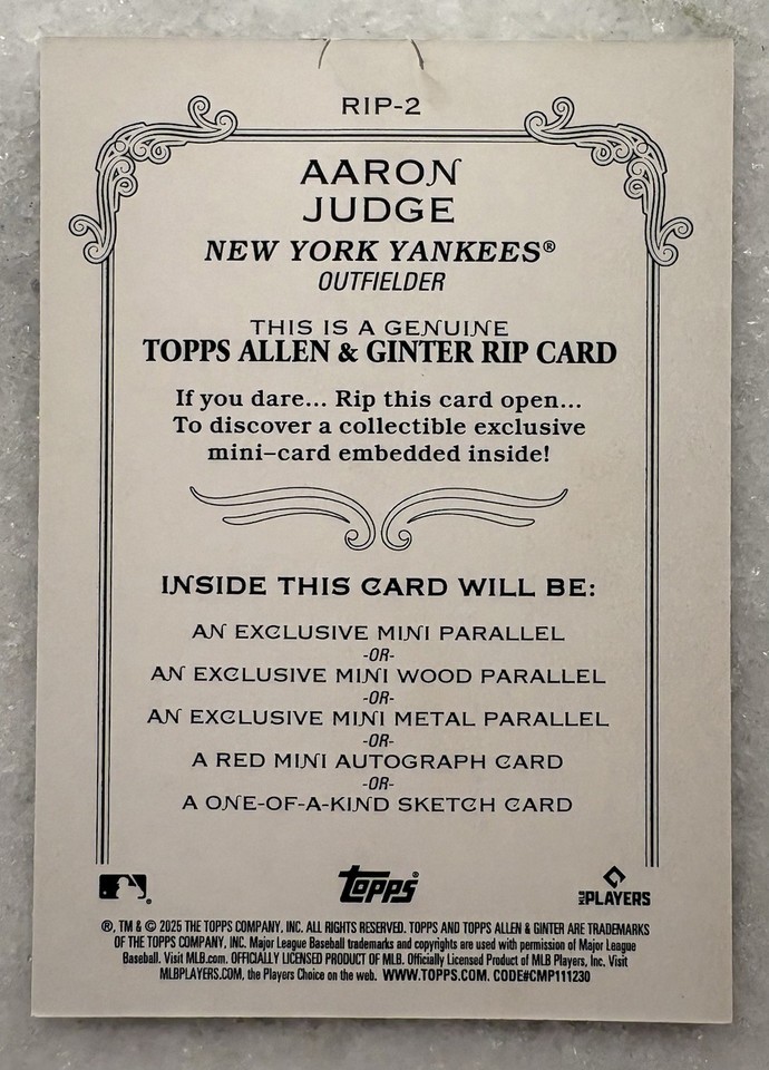 2025 Topps Allen & Ginter UNRIPPED RIP CARD Aaron Judge /199 New York ...