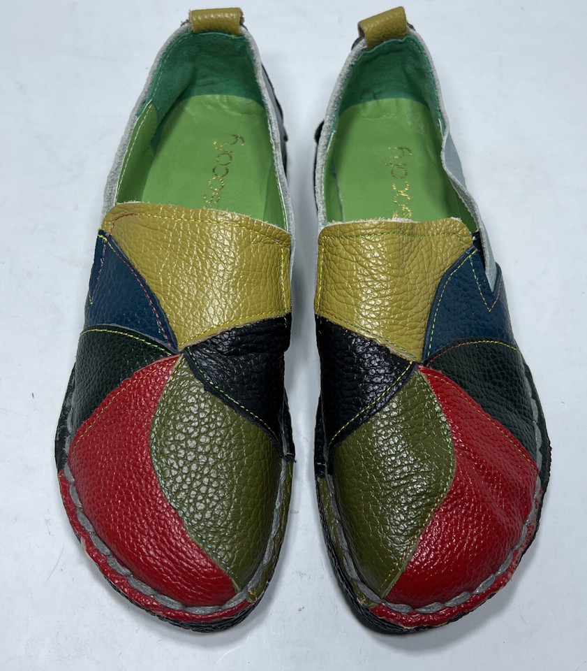 Socofy size 7 handmade leather splicing colorful patchwork shoes flats ...
