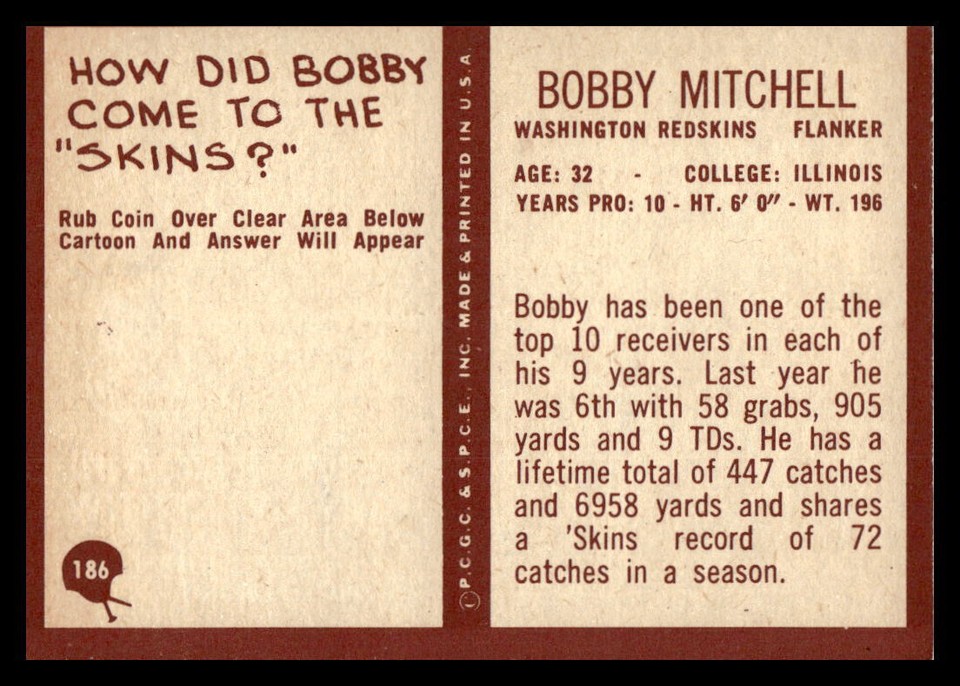 Bobby Mitchell 1967 Philadelphia #186 Washington Redskins Football Card ...