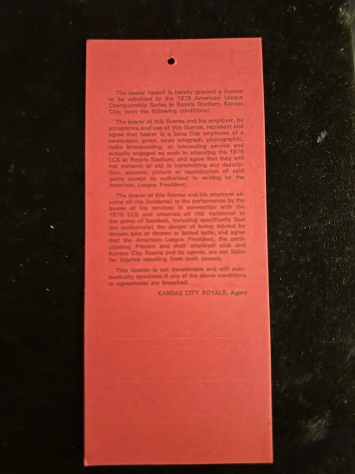 1976 ALCS NY Yankees vs KC Royals @Royals Stadium Press Pass ABC PRESS ...