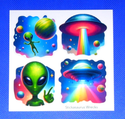 UFO W Rainbow Beams & Aliens Little Green Men Stickers Sheet | eBay