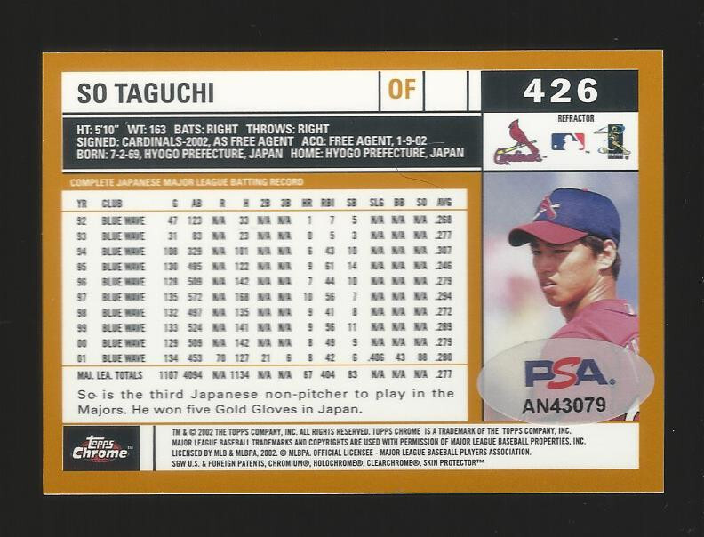 2002 Topps Chrome So Taguchi Cardinals #426 RC Gold Refractor Auto PSA ...