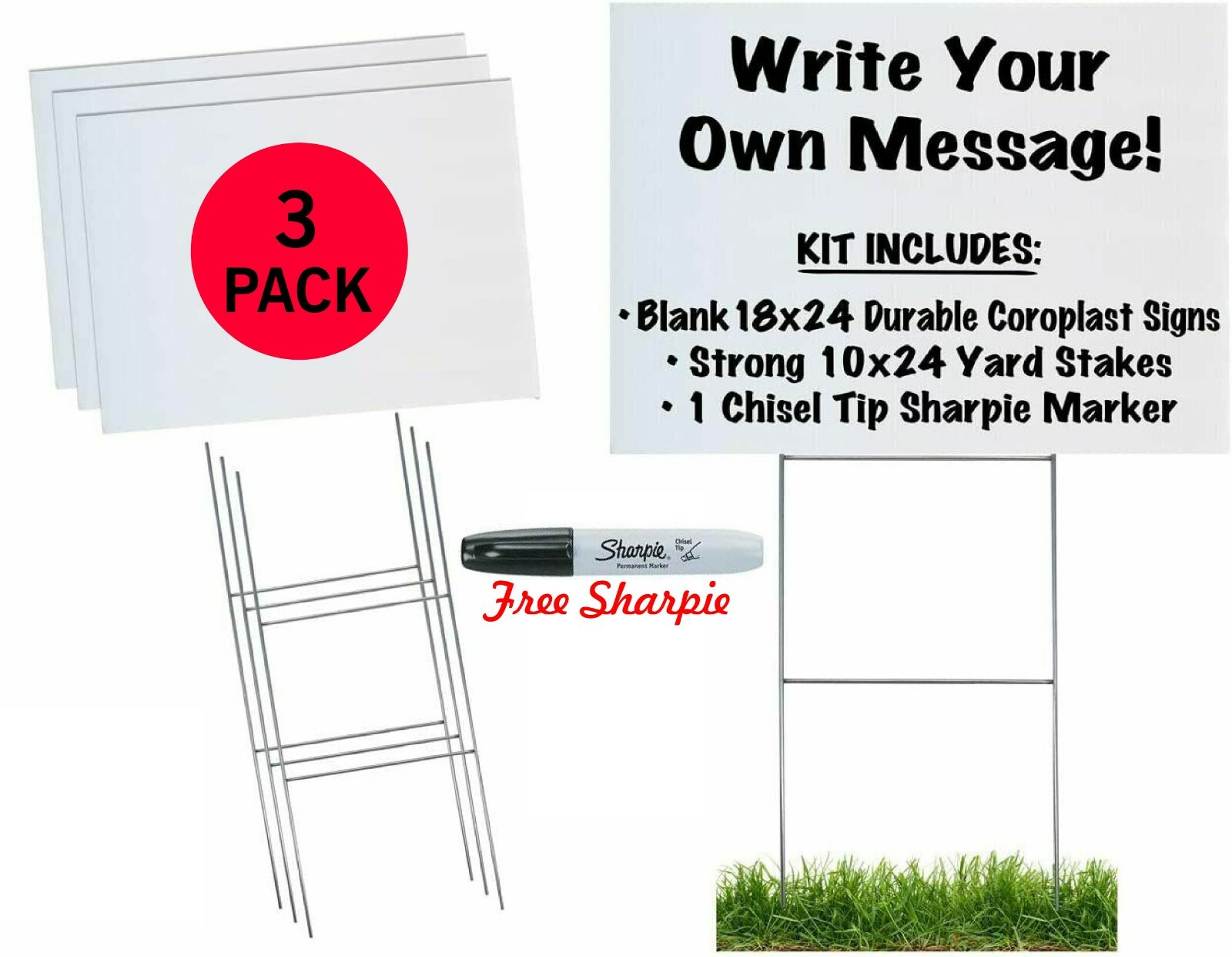 18x24 DURABLE BLANK WHITE YARD SIGN KIT 3,5,10, 50 100 W/ STAKES+FREE ...