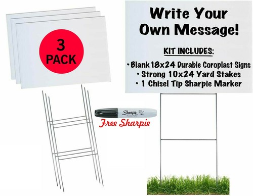18x24 DURABLE BLANK WHITE YARD SIGN KIT 3,5,10, 50 100 W/ STAKES+FREE ...