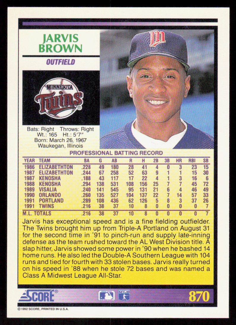 1992 Score 870 Jarvis Brown Minnesota Twins | eBay