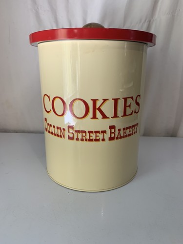 Vintage Collin Street Bakery Kitchen Cookie 9 1/4" Jar Tin Wood Knob ...
