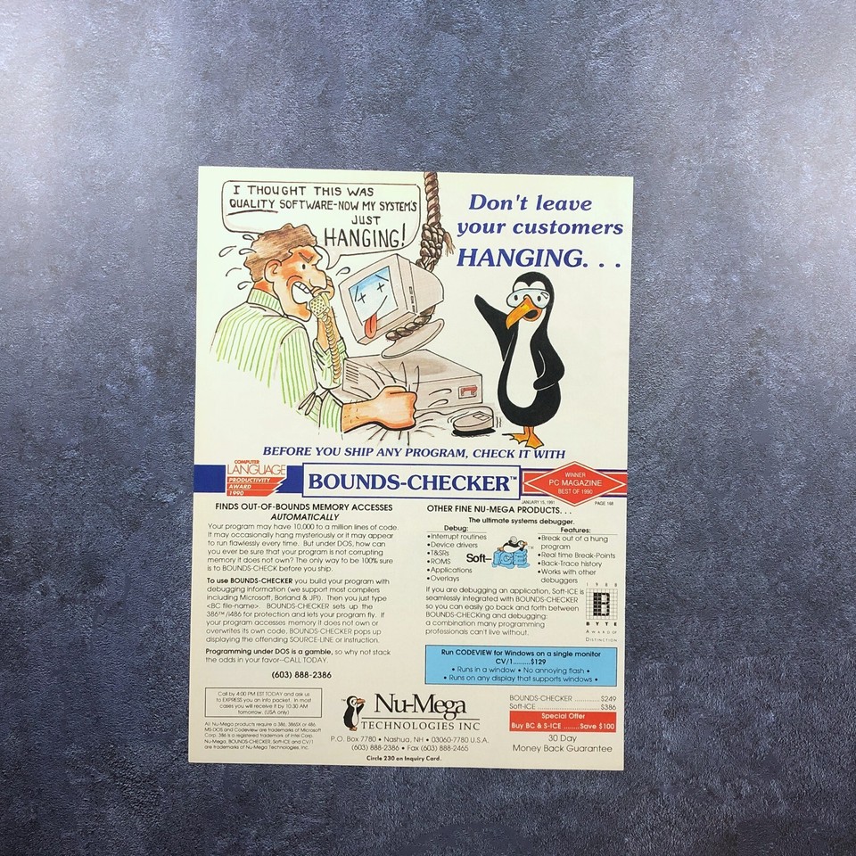 1991 Nu-Mega Technologies BoundsChecker PRINT AD Retro Computers C++ ...