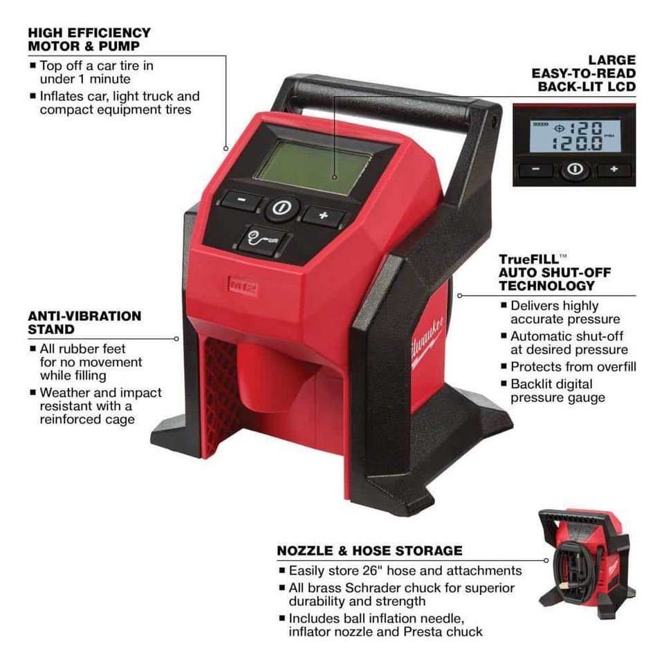 Milwaukee Portable Inflator 120-PSI + Screwdriver Kit 1/4" 12V Li-Ion ...