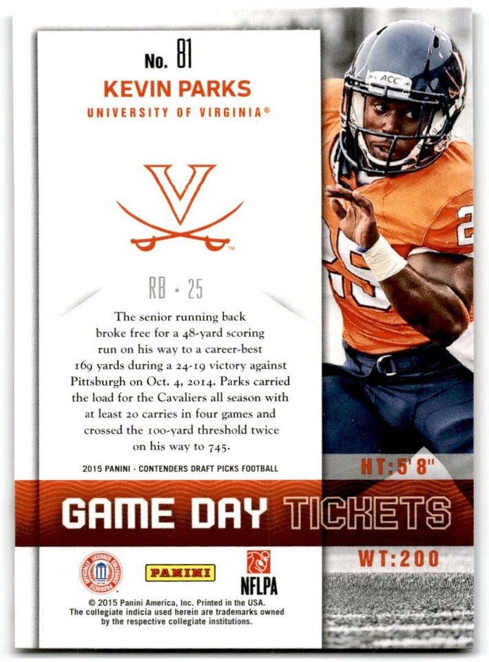 2015 Panini Contenders Draft Picks #81 Kevin Parks Game Day Tickets | eBay