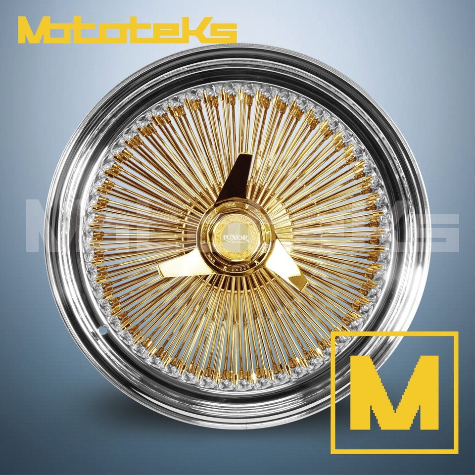 16X7 LUXOR WIRE WHEELS 100 STRAIGHT STD RIMS 24K CENTER GOLD WHEEL SET ...