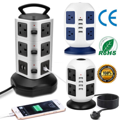 3M Tower Extension Lead + 4 USB 8/10 Way Gang Plug Extension Overload ...
