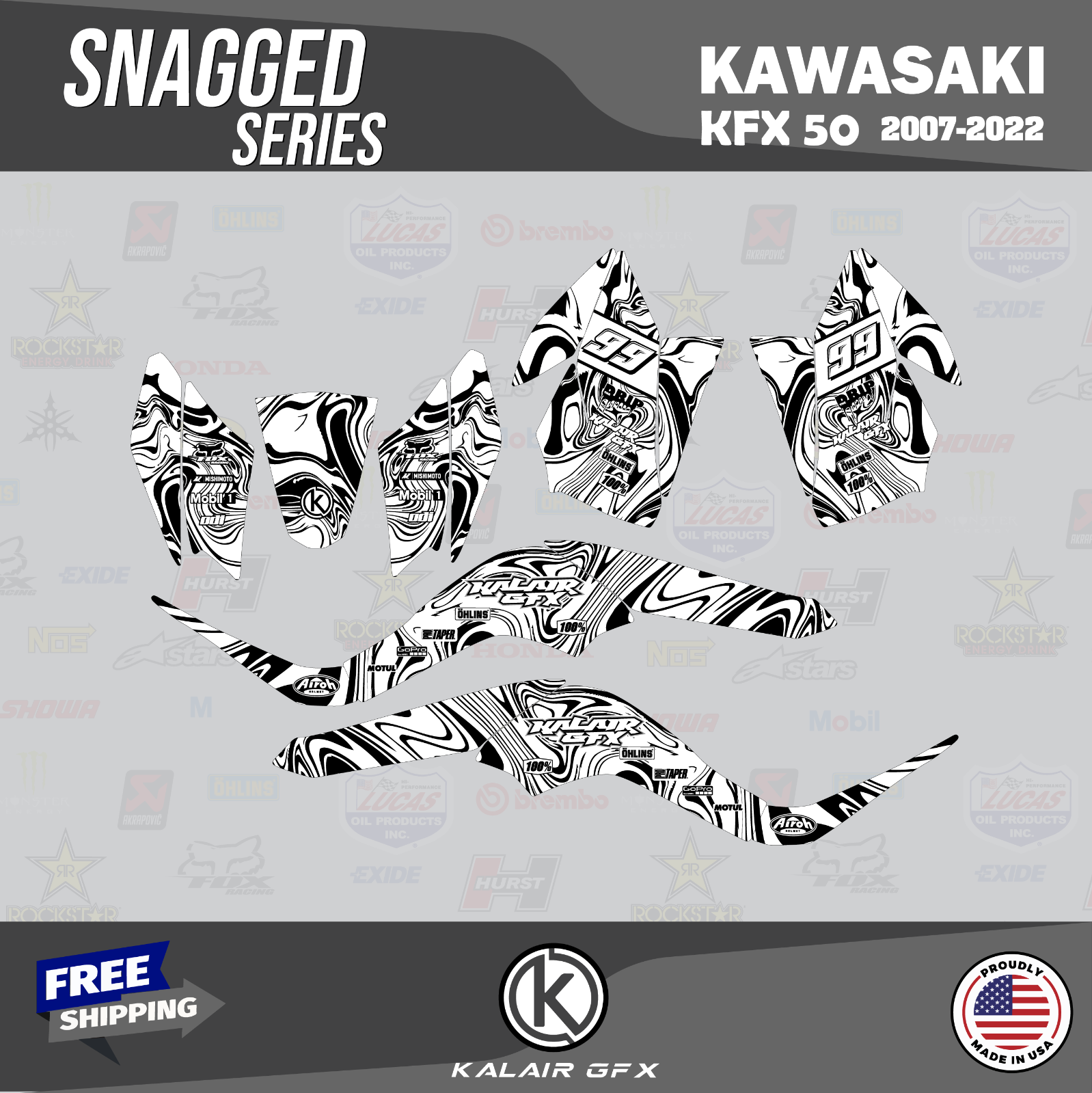 Graphics Kit for Kawasaki ATV KFX50 (2007-2022) Snagged-White (16 Mil ...
