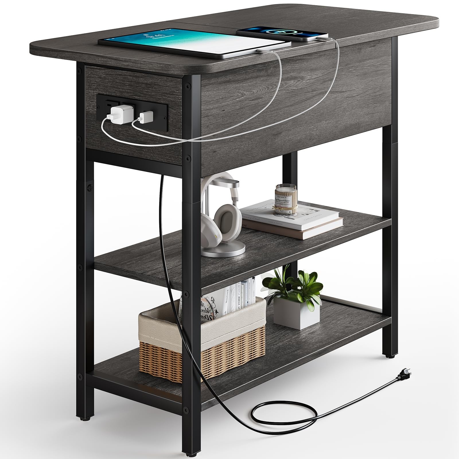 End Table with Charging Station, Flip Top Side Table with USB Ports and ...
