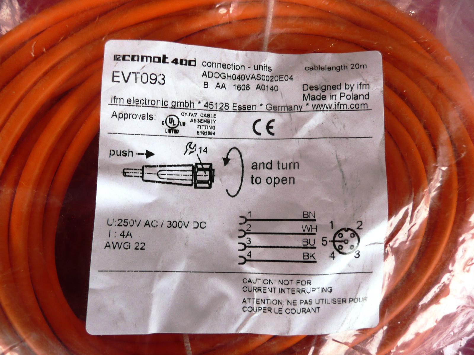 IFM Electronic EVT093 cable ADOGH040VAS0020E04 (20 meters), 250V AC ...