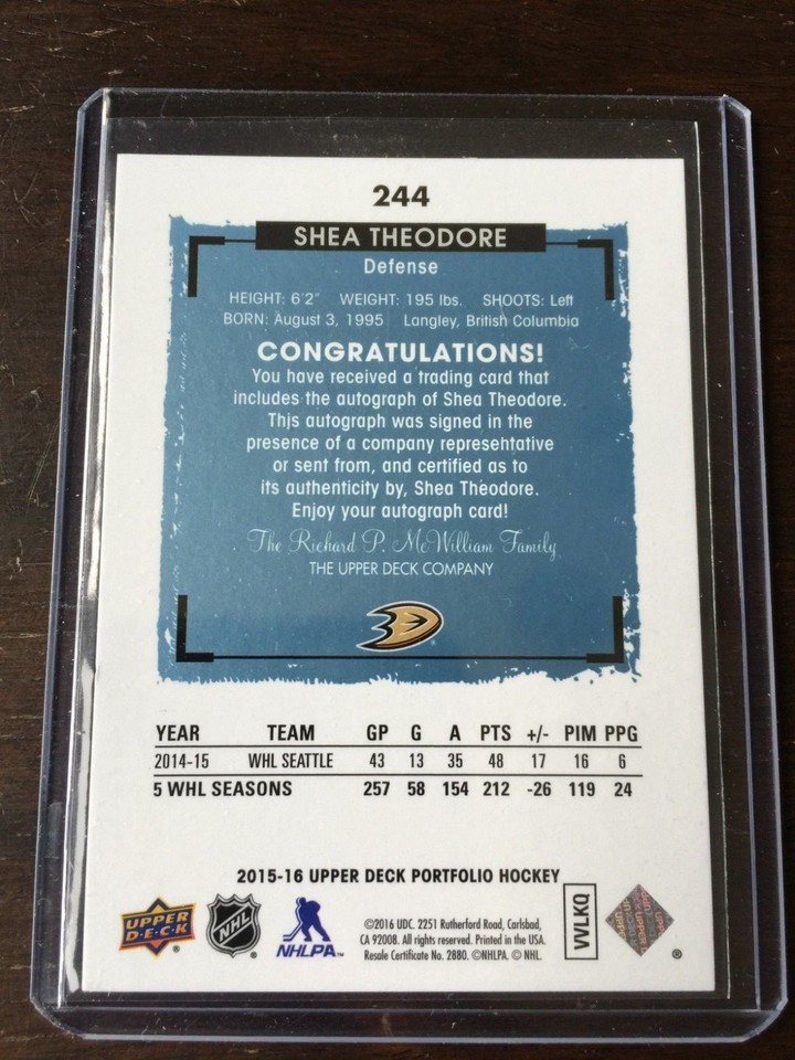 2015-16 UPPER DECK PORTFOLIO SHEA THEODORE ROOKIE AUTO #244 LV GOLDEN ...