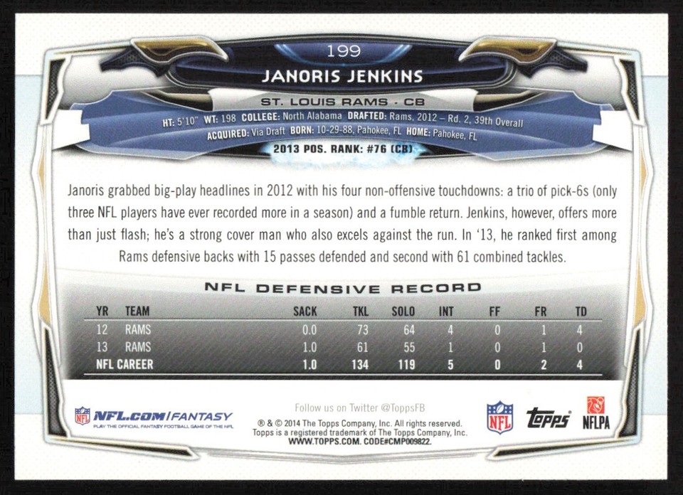 2014 Topps Football Janoris Jenkins #199 St. Louis Rams | eBay